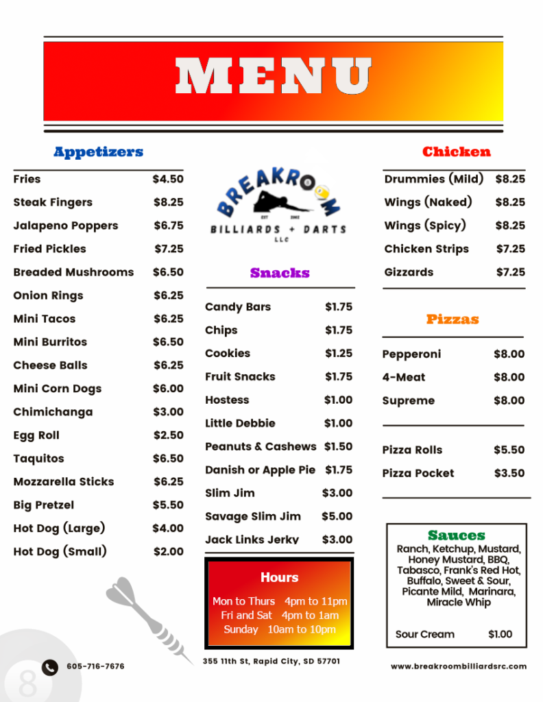 Food and Drink Menu - Breakroom Billiards and Darts